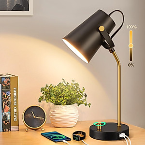 Vintage Desk Lamp with USB C+A Charging Ports LED Dimmable Reading Lamp Retro Flexible Head Black and Gold Lamp for College Dorm Room Table Bedroom Bedside Nightstand Living Room Office,Bulb Included