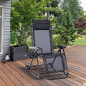 Outsunny Outdoor Rocking Chairs, Foldable Reclining Zero Gravity Lounge Rocker w/Pillow, Cup & Phone Holder, Combo Design w/Folding Legs, Black