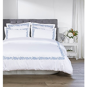Melange Home Floral Embroidered Duvet Set Full and Queen Size White Sheet Set 600 Thread Count 100% Sateen Cotton Luxury Hotel Bedsheet - Oeko Tex Certified Deep Pocket - Blue Embroidered Piping