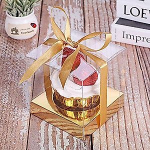 12pcs Clear Plastic Cupcake Boxes, 3.5 Inches Single Cupcake Containers, Metallic Gold Holder Boxes Individual for Cupcakes