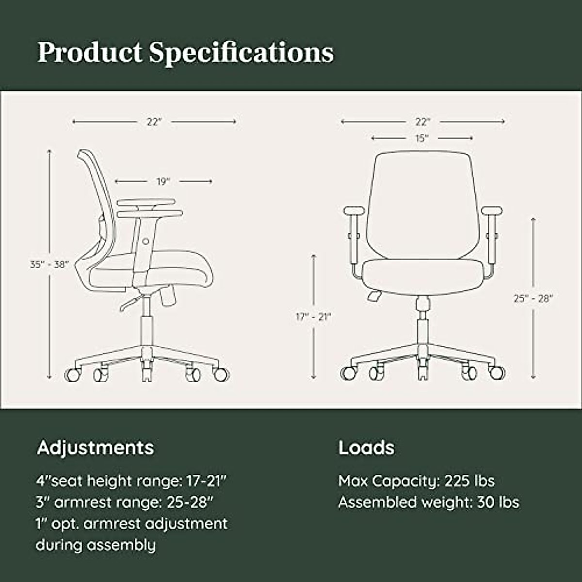 Branch Daily Chair - Sustainable and Stylish Mesh Computer Office Chair with Swivel, Lumbar Rest, and Adjustable Armrests - Comfortable Seating for Improved Posture and Productivity - Green-White