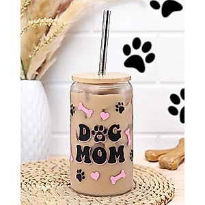 Dog Mom Gifts Beer Glass Can for Women 16oz Dog Paw Iced Coffee Cup with Bamboo Lid and Metal Straw for Dog Pets Lover Smoothie Wine Coffee Tumbler Cold Drinking Glass Birthday Gift Her Spring Summer