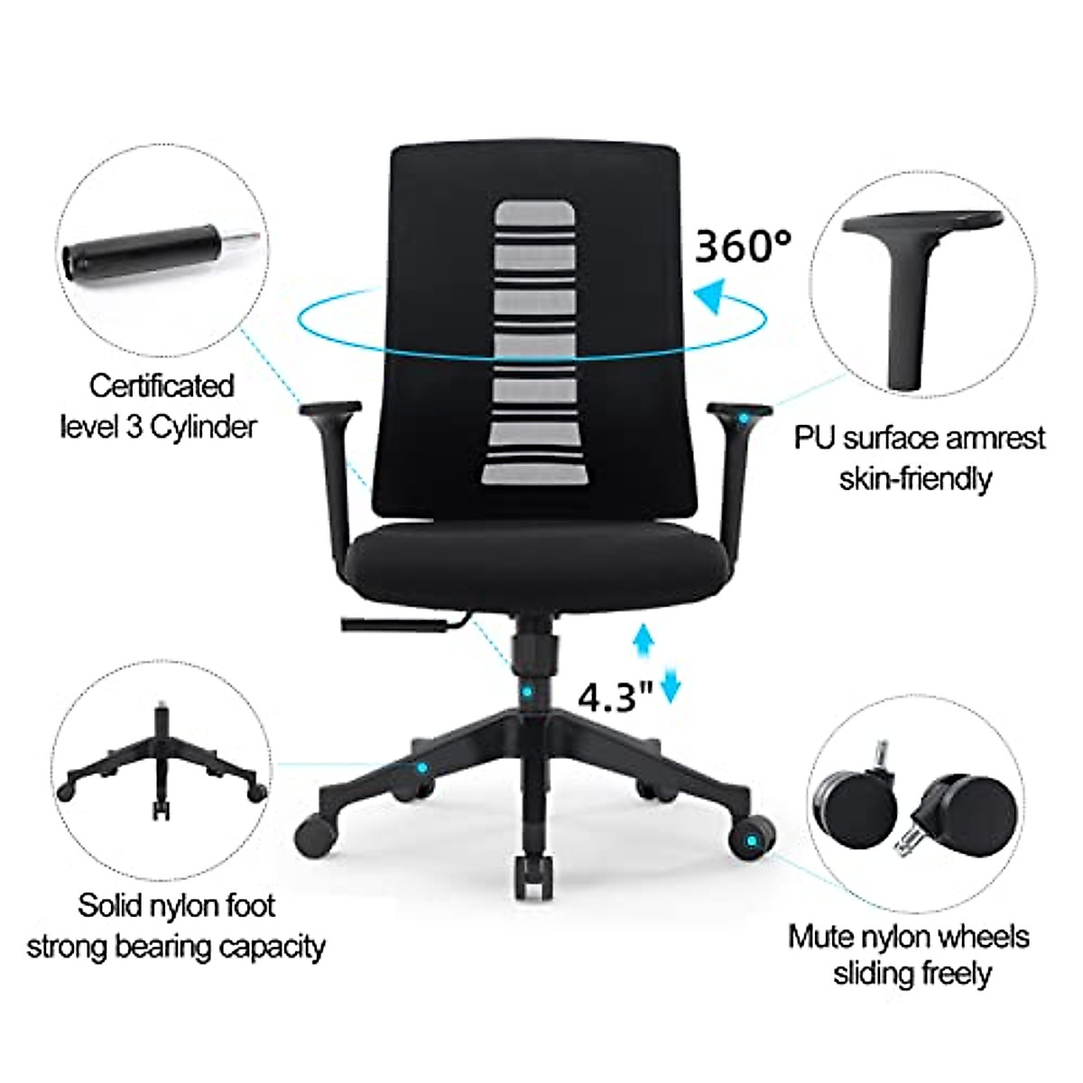 AOSKY Office Chair Ergonomic Desk Chair Task Chair with Mesh Backrest Height Adjustable Armrest Leaning Adjustable Computer Chair for Home Office (Black Back)