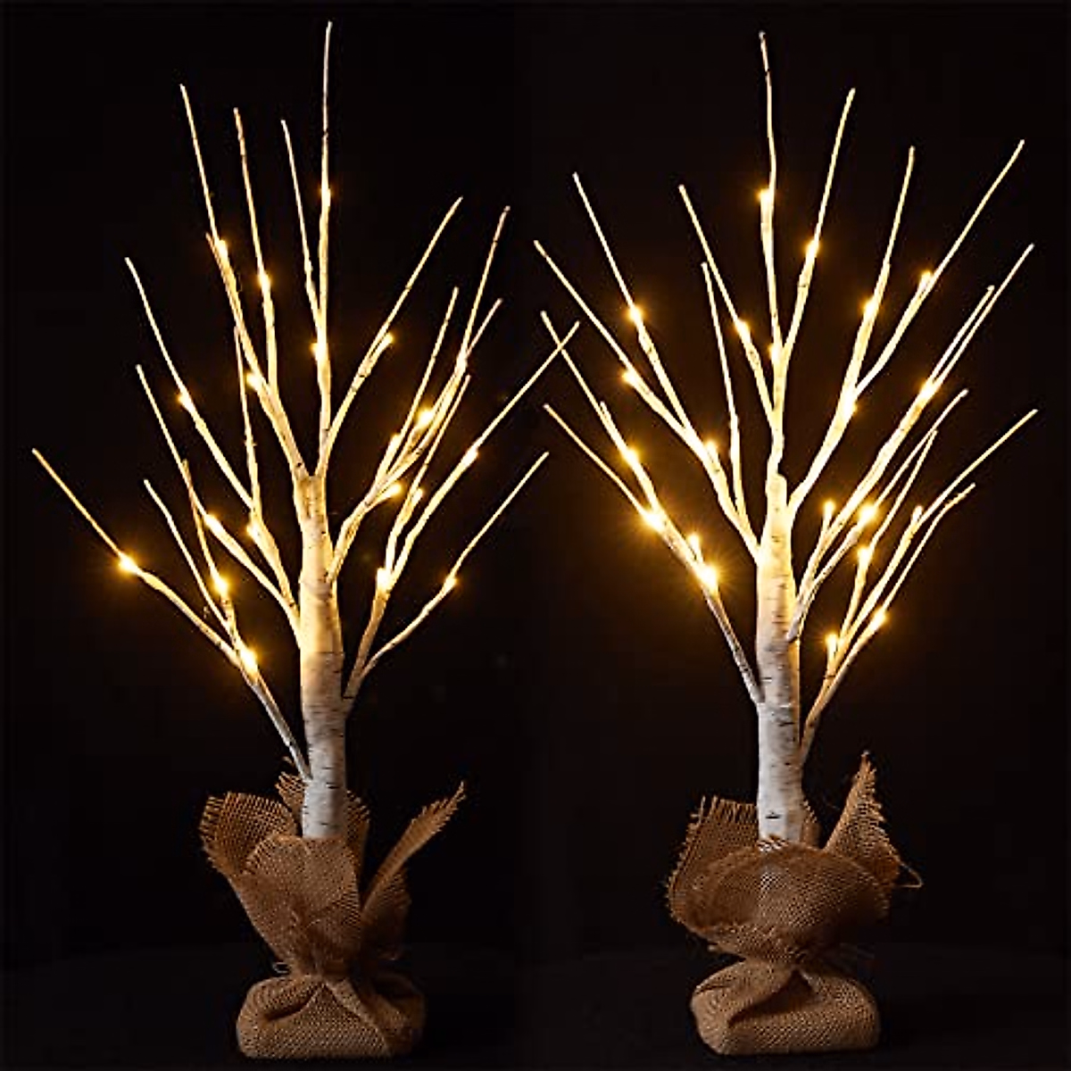 Lighted Birch Tree, 2pcs 24”H Tabletop Tree Light with Burlap Decor, Pre-Lit 24 LED Warm White Lights, Timer Function, Money Tree Perfect for Spring Home Centerpiece Decor, Indoor&Outdoor Use
