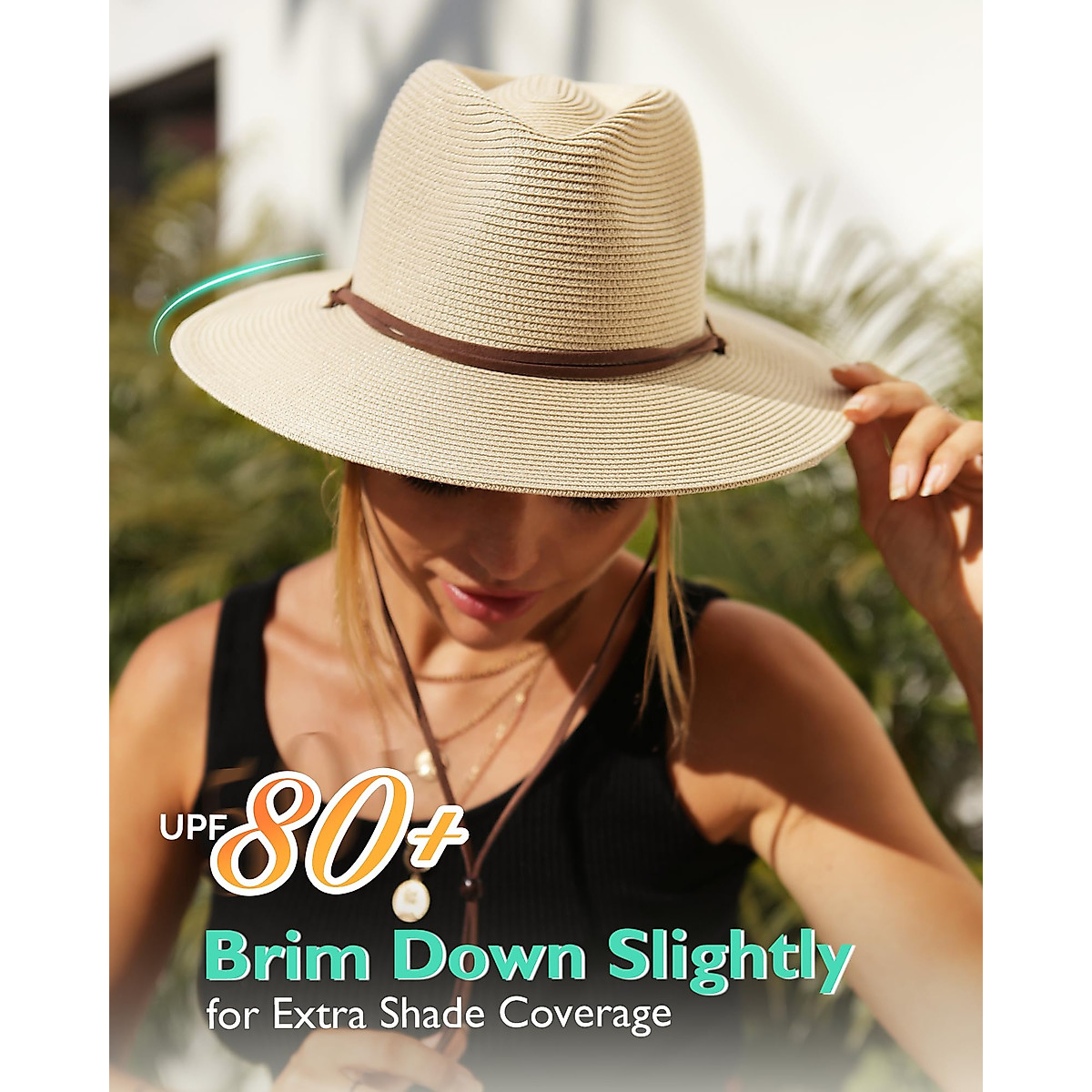 FURTALK Womens Summer Straw Sun Hats Wide Brim Panama Fedora Beach Hat with Wind Lanyard UPF 80+ Beige