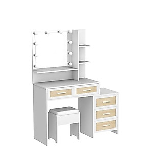 Maupvit Rattan Vanity Desk with Mirror and Lights, Boho Makeup Vanity Table Set with Nightstand, 5 Drawers & 10 Bulbs, Metal Silver Handle, 3 Open Shelves, Dressing Table with Cushioned Stool (White)