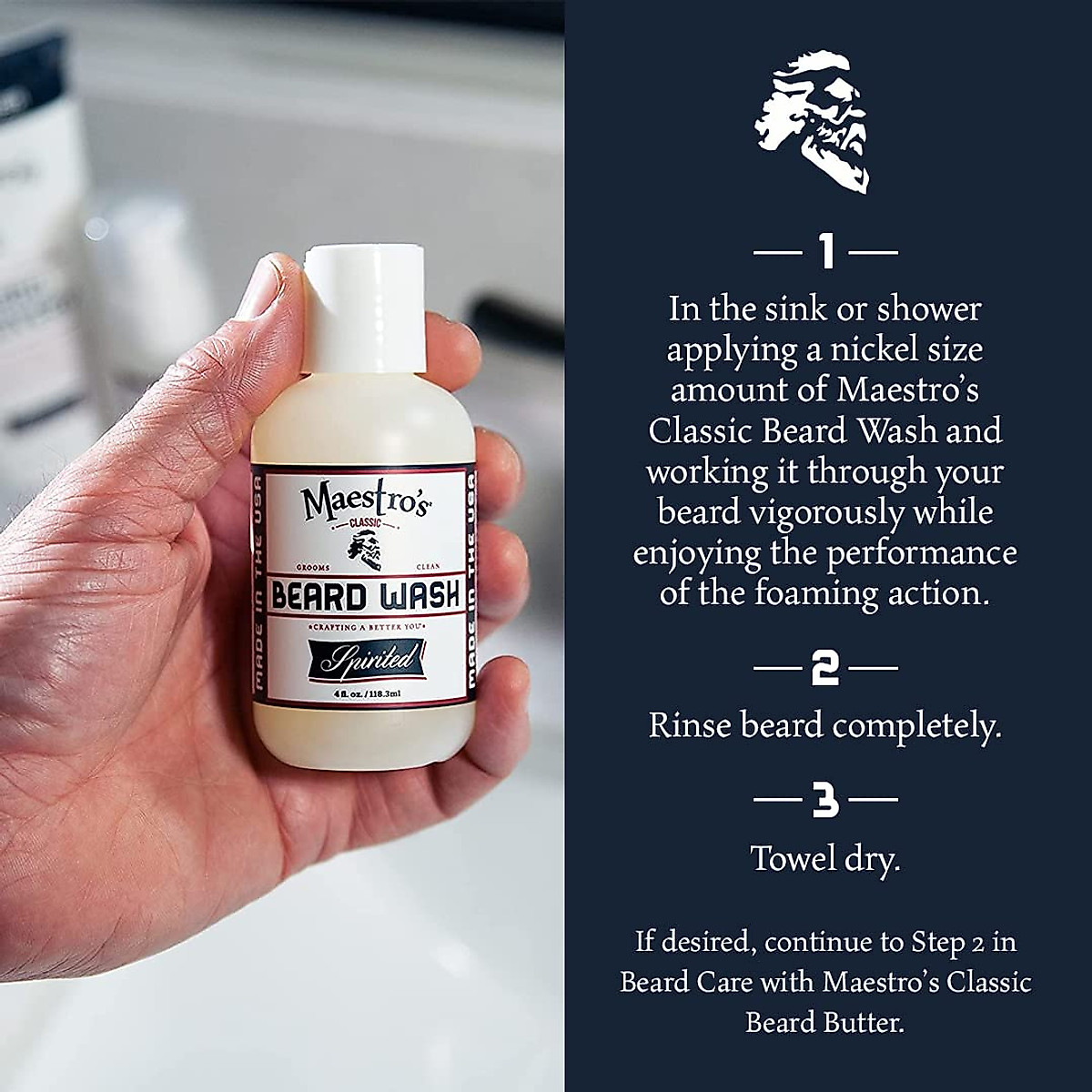 Maestro's Classic BEARD WASH | Anti-Itch, Deep Cleaning, Non-Drying, Fully Hydrating Gentle Cleanser For All Beard Types & Lengths- Spirited blend, 4 Ounce