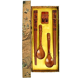 Chopsticks Chinese Reusable Wooden Chopsticks Spoon with Holder&Reusable Chopsticks Portable Cloth Bag Traditional Stylish Gift Set (Panda)