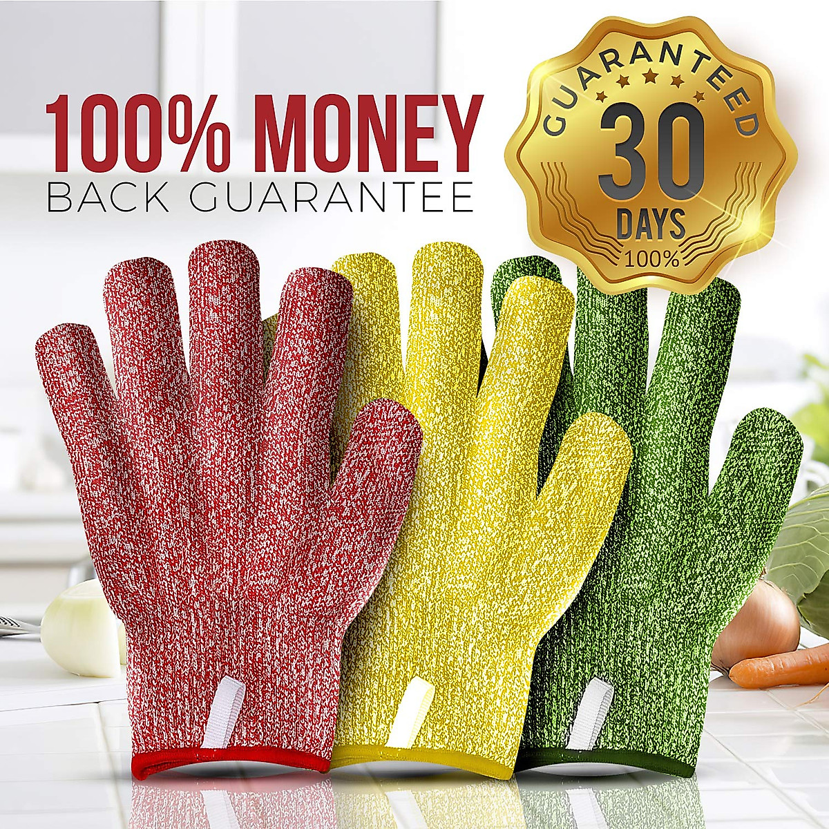 TruChef Cut Resistant Gloves - 3 Pack, Food Grade, Fits both hands, Level 5 Protection, Medium