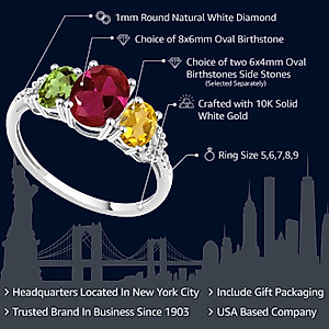 Gem Stone King 10K White Gold Customized and Personalized Gemstone Birthstone and Diamond 3-Stone Engagement Ring | 3 Stone Wedding Engagement Anniversary Promise Ring For Women (Size 8)
