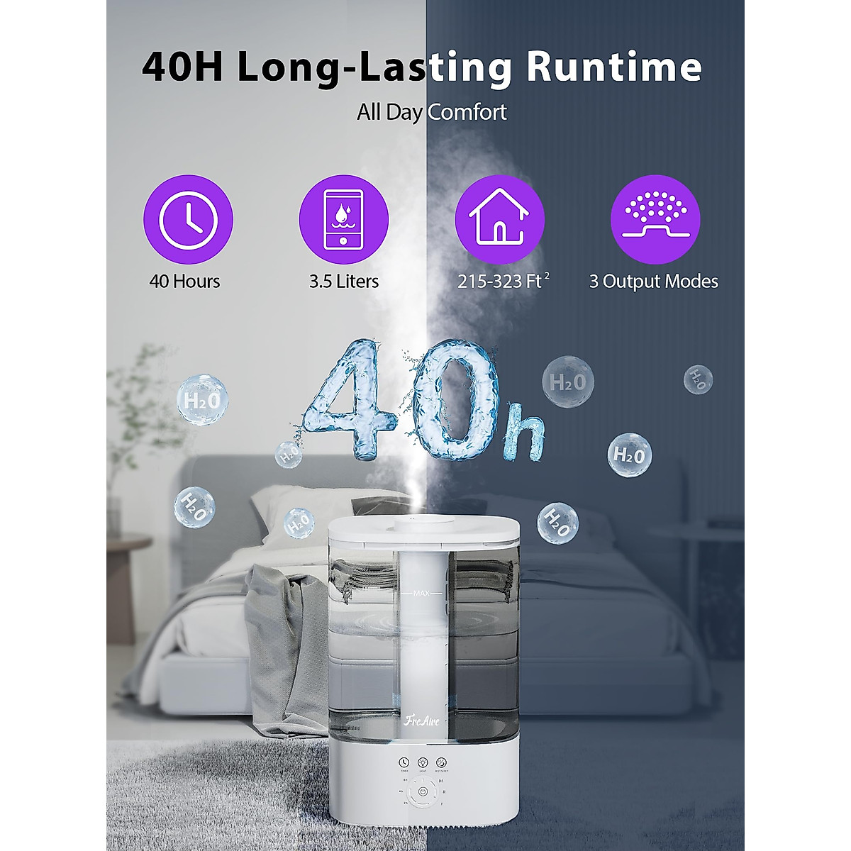 Cool Mist Humidifiers for Bedroom,FreAire 3.5L Smart 25dB MAX-Quiet Air Humidifier for baby with Top-Fill,40H working,8 Color Light,Ultrasonic Diffuser for Largeroom & Plants-Light Grey