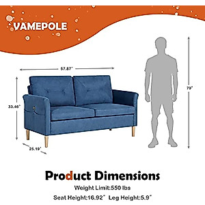 VAMEPOLE 58" Small Loveseat Sofa w/2 USB Charger Ports for Living Room, Mid Century Modern Decor Love Seat Couch, Small Love Seats for Small Spaces, Apartments, Dorm, Office (Navy Blue)