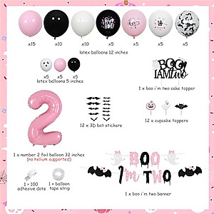 Halloween 2nd Birthday Decorations Girl, Boo I’m Two Banner & Cake Topper, Black Pink White Balloon Garland Arch Kit with 3D Bat Wall Stickers Number 2 Ghost Foil Balloons for Second Bday Party
