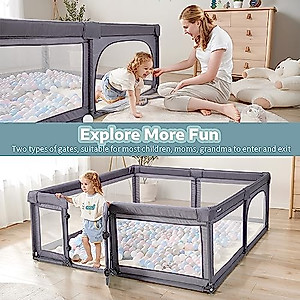 Sweeby Baby Playpen, 79x71 Playpens for Babies and Toddlers with Gate, Large Baby Play Yards with Zipper Door, Indoor & Outdoor Baby Fence, Dark Grey