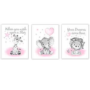 Pink Baby Girl Nursery Art Safari Animals Elephant affe Lion Wall Decor 3 UNFRAMED PRINTS