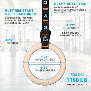 Gonex Wooden Gymnastic Rings with Adjustable Number Straps, Olympic Rings for Gym, Workout, Exercise, Outdoor Training, Quick Install Carabiner, 8.5 ft Straps Pull Up Non-Slip Rings