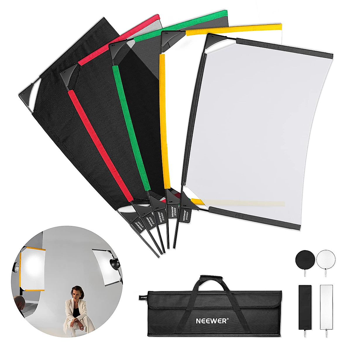 NEEWER Foldable Scrim Flag Kit, 24x36in/60x90cm 5 in 1 Photography Flag Panel Lighting Reflector Diffuser Light Modifier Shaper for Soft, Diffused & Light Effects, Carry Bag Included, SF6090F