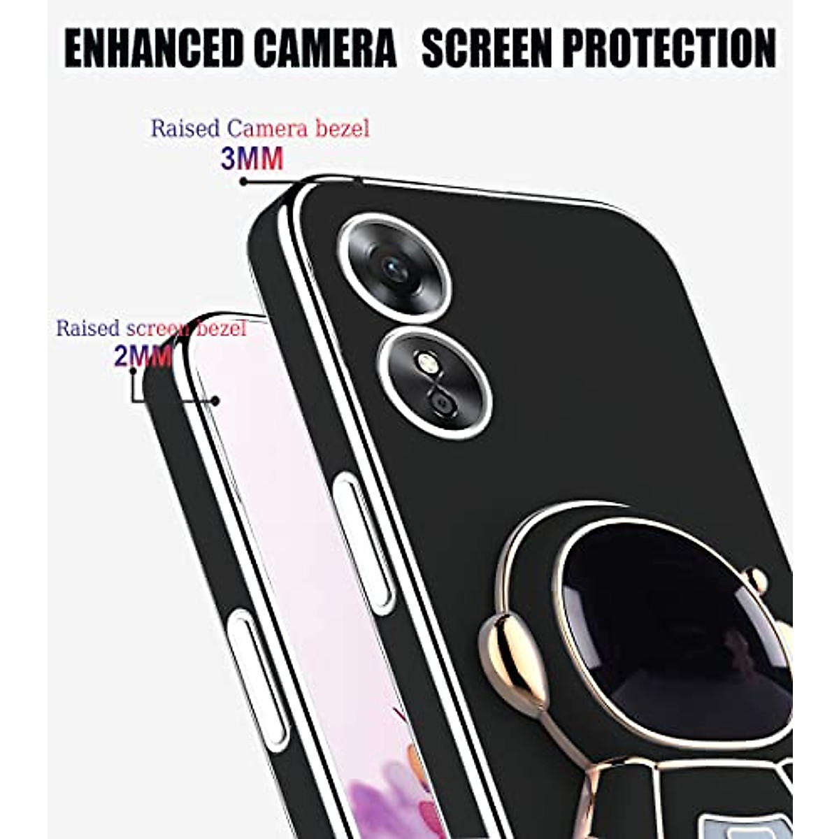 Jancyu for Oppo A17 Case Silicone with Space Astronaut Kickstand, Shockproof Phone Case Oppo A17 with Cute Loopy Cover for Women with Design (Black)