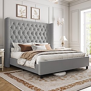 PaPaJet King Size Bed Frame 61.4" Tall Headboard Upholstered Velvet Platform Bed with Handmade Deep Button Tufted/No Box Spring Required/Grey