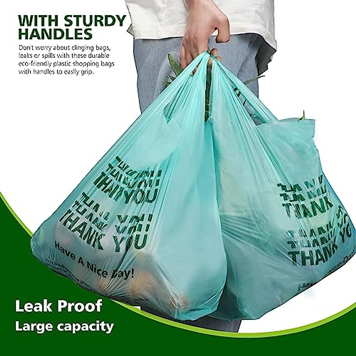 AYOTEE Shopping Bags for Small Business, Thank You Bags Bulk 50 Count Green Reusable Grocery Bags, T Shirt Bags with Handles, Standard Supermarket Size (12"x6.5"x22") Restaurants,Grocery Store