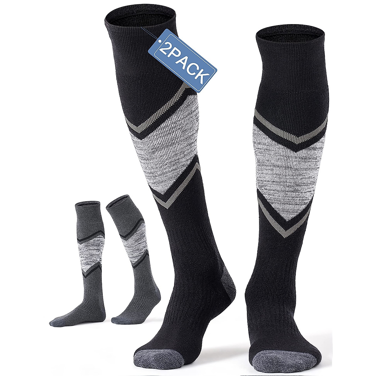 FITRELL 2 Pack Men's and Women's Ski Socks Full Cushioned Winter Merino Wool Thermal Knee High Warm Boot Socks for Skiing Snowboarding, Black+Grey, X-Large