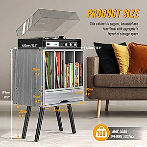 WASAIT Record Player Stand Vinyl Record Storage Table with Drawer Record Display Turntable Stand with Wood Legs 3-Tiers Vinyl Holder Cabinet for Living Room Bedroom Grey