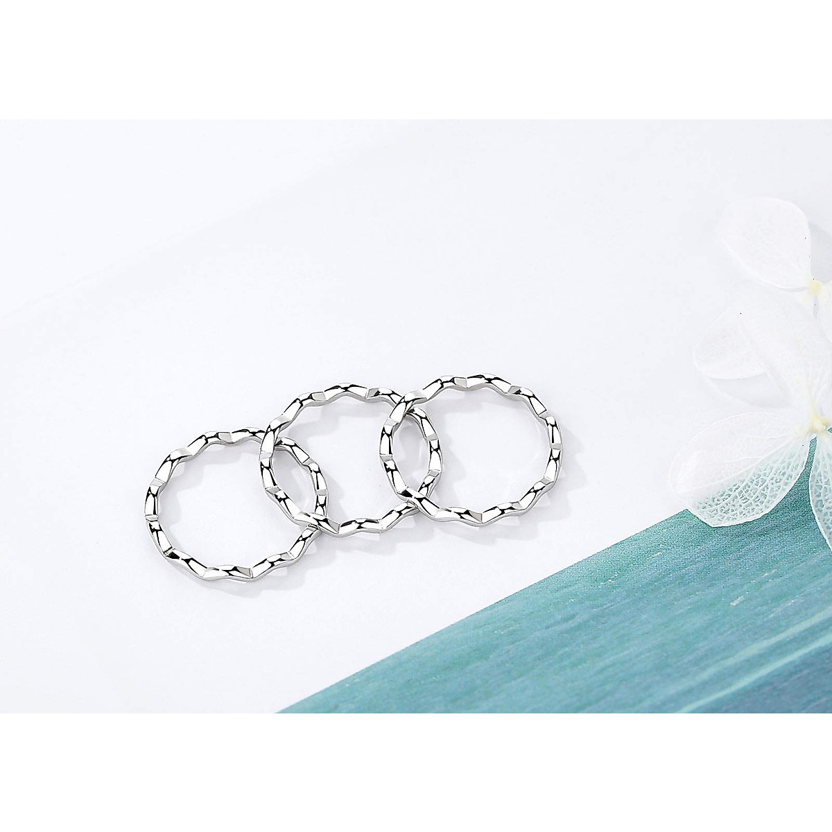 REVEMCN 3Pcs 316L Stainless Steel Simple Wave Ring Set for Women Teen Girls Stackable Knuckle Wedding Band Rings Comfort Fit Finger Ring 4 to 11 (Silver, 11)