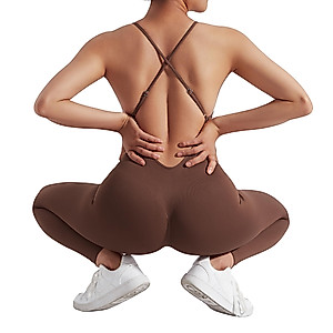 MOOSLOVER Women Strappy Backless One Piece Jumpsuits Tummy Control Padded Workout Rompers(XL,#1 Brown)