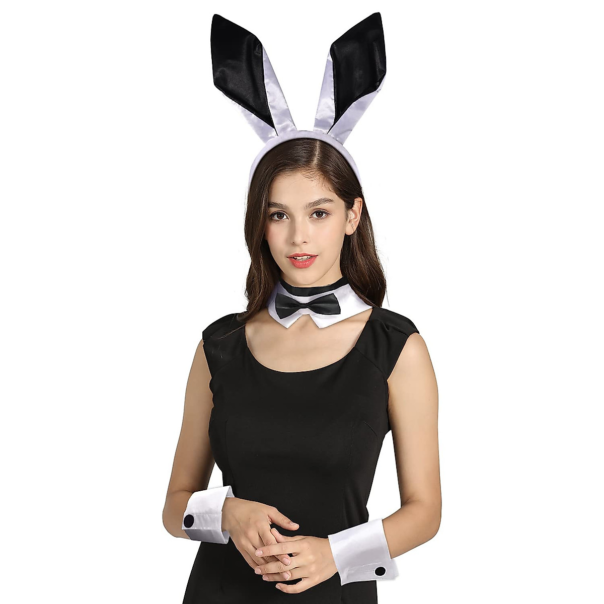 AUUABEARONN 5 Pcs Bunny Costume Set, Rabbit Ear Headband Bow Tie Cuffs Rabbit Tail for Halloween Costume Cosplay Party White