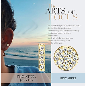 FIBO STEEL 8 Pairs Stainless Steel Star Bar Stud Earrings for Women Cute CZ Stud Earring Set Gold