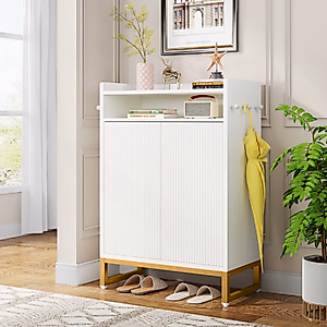 Tribesigns Shoe Cabinet 5-Tier Shoe Storage Cabinet with Open Shelves & Hooks, Freestanding Wooden Shoe Rack Storage Modern Shoe Organizer for Entryway, Hallway (White & Gold)