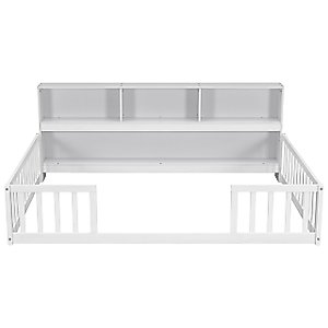 Full Size Bed Frame with Side Bookcase, Floor Bed Frame Full Size with Storage Shelves, Full Size Platform Bed Frame with Safety Guardrails, Montessori Bed Frame without Slats for Girls, Boys, White