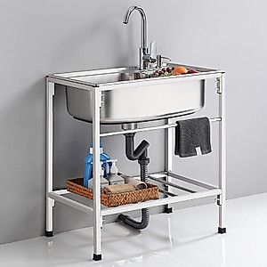 Outdoor Sink Single Bowl, Freestanding Stainless Steel Utility Sink With Hose Hook Up, Commercial Kitchen Sink with Hot and Cold Faucet For Restaurant, Bar, Laundry, Garage, Backyard