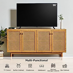 AMERLIFE 63" Sideboard Buffets Cabinet, 2-Adjustable Shelves Sideboard with 4 Doors, Large Accent Storage Credenzas for Living Room, Dining Room, Bedroom, Natural
