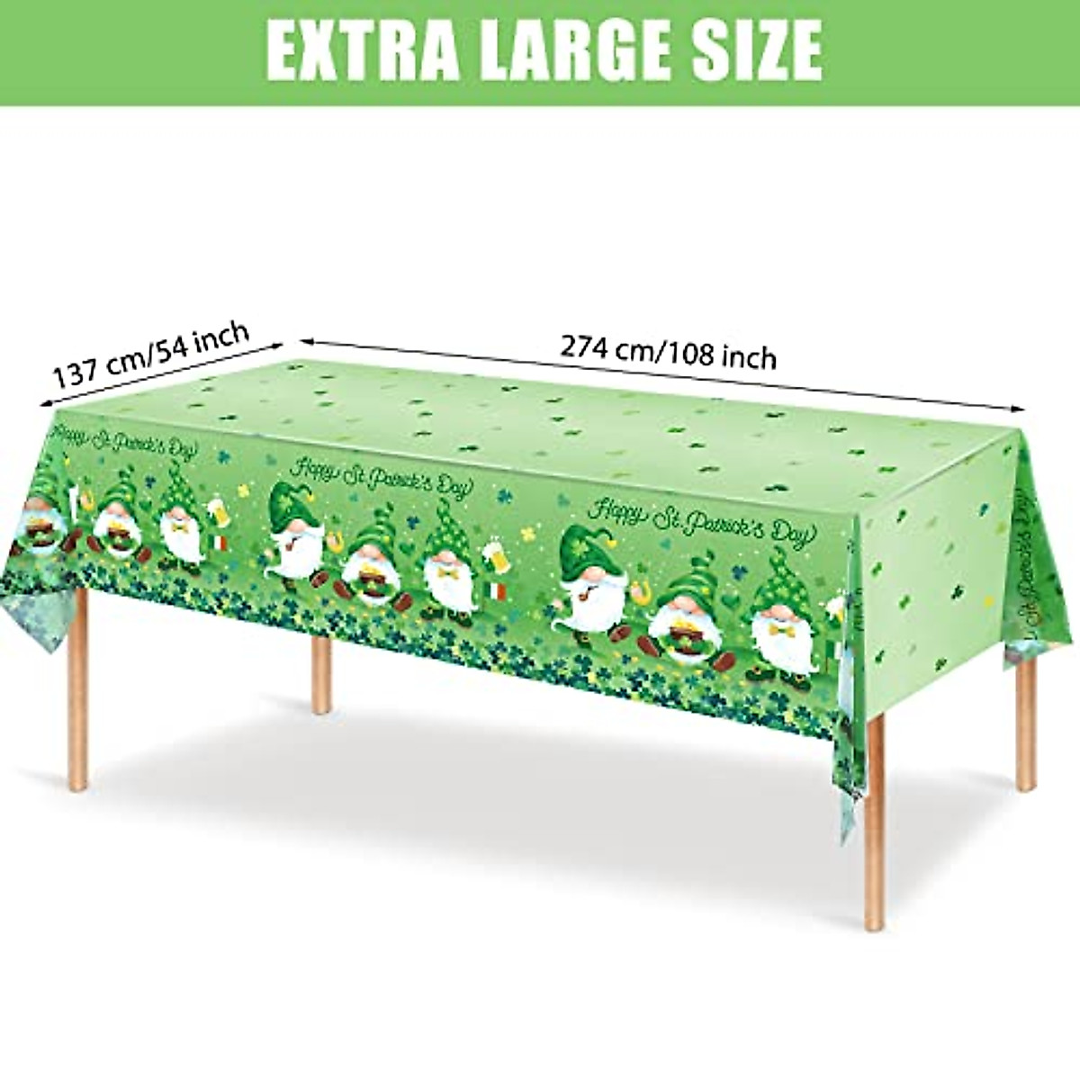 Tegeme 3 Pieces Happy St. Patrick's Day Tablecloths, Gnome Shamrock Pattern Table Covers Green Disposable Plastic Rectangular Table Cloth for Dinning Room Kitchen Party Decor, 108 x 54 Inches