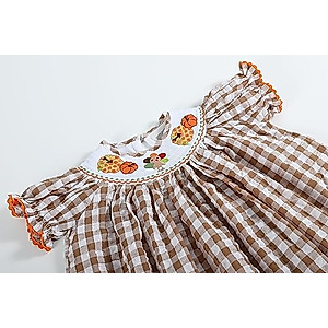 Lil cactus Light Brown Gingham Pumpkin Turkey Smocked Bishop Dress, Brown Turkey, 3-6 Months