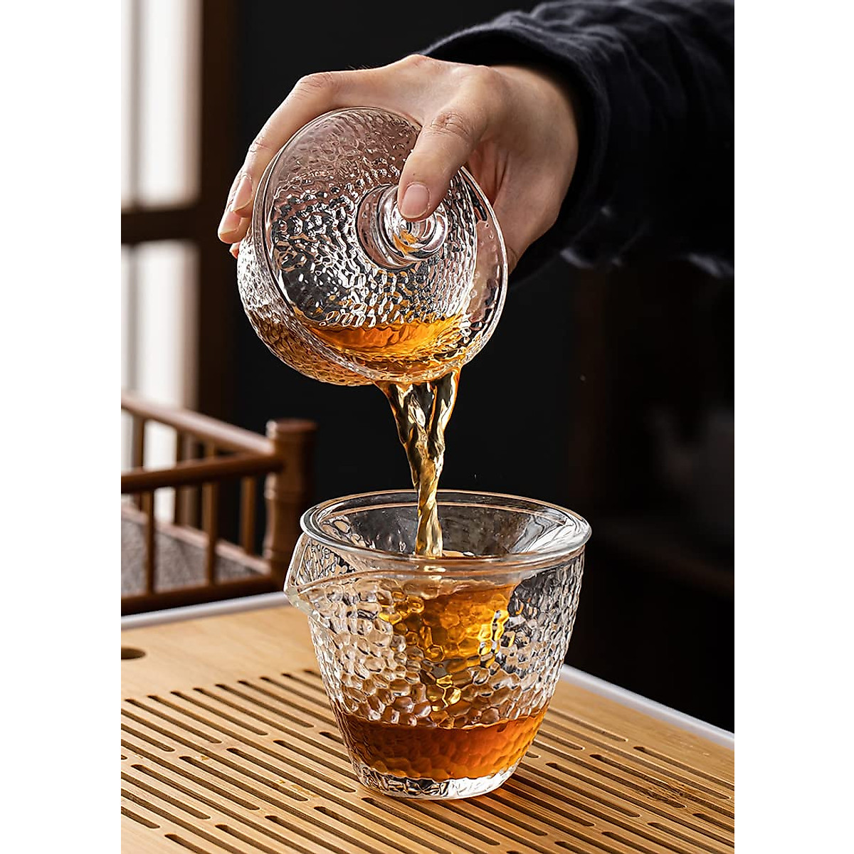 Gongfu Tea Tea Set 8pcs Gaiwan Teacup Tea Cup Clear High Borosilicate Glass Hammer Technology for Home Office