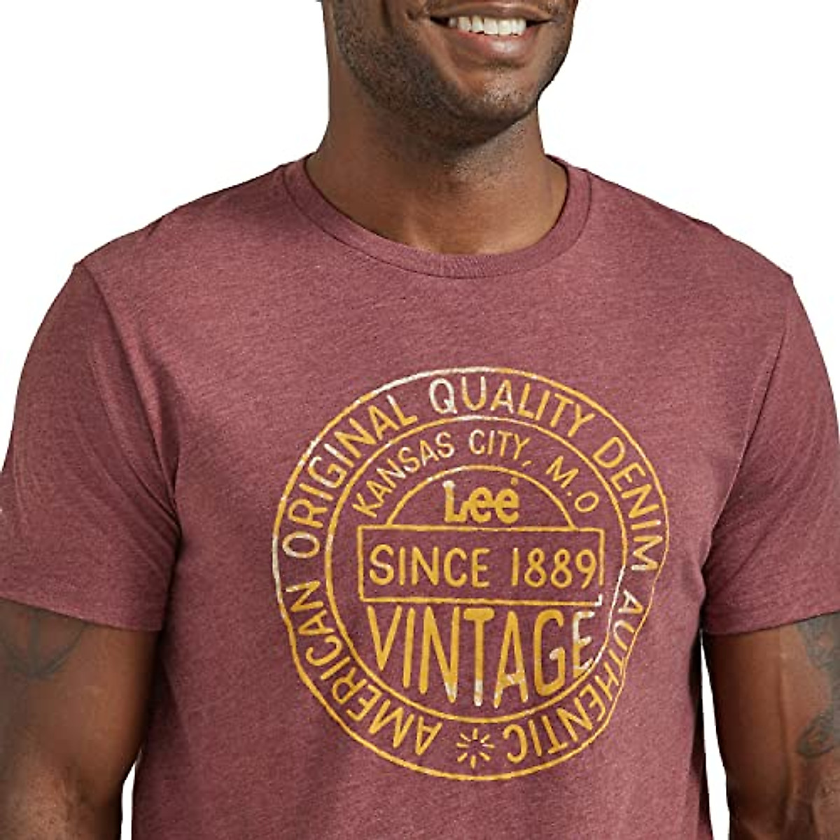 Lee Men's Short Sleeve Graphic T-Shirt, Burgundy Heather Vintage Denim