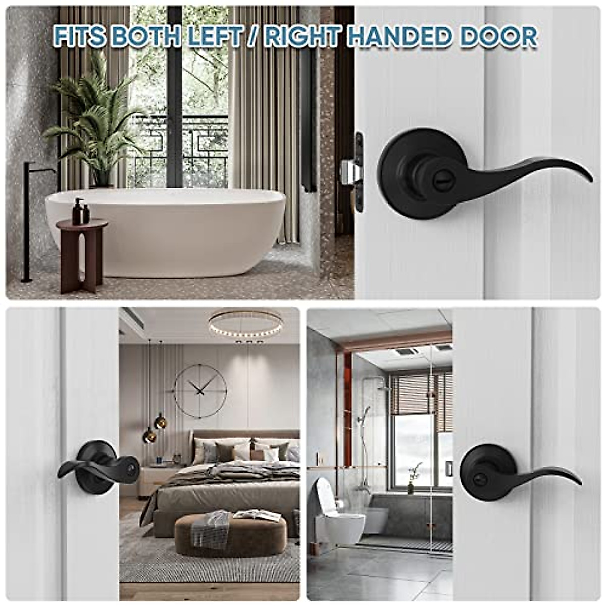 TICONN Black Door Handle, Traditional Wave Style Matte Black Reversible Door Lever for Interior Doors and Closet (Privacy Lock, 5-Pack)