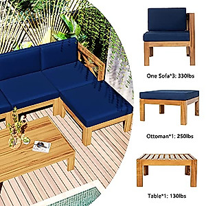 Goohome 5-Piece Wood Furniture Set, L-Shaped Outdoor 3-Seater Sectional Sofa Seating Group ConversationSets with Coffee Table and Water-Resistant, Patio, Backyard, E-Natural Finish+ Blue Cushions