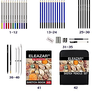 ELEAZAR 42 Sketch Sets, Professional Art Supplies, Colored Pencils, Graphite Pencils, Charcoal Pencils, Watercolor Pencils and Sketching Pencils for Artists, Adults, Teens and Beginners…