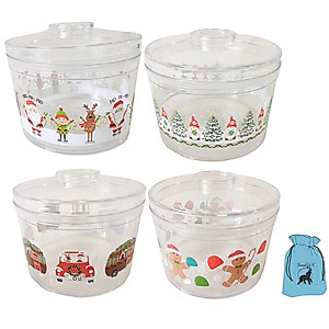 EB (4) Christmas Themed Stackable Plastic Containers with Lids 12.5 oz for Cookies Snack Candies Treats Food Storage Holiday Jars Home Kitchen Cabinet Organizer Gift Set Supplies (Design may Vary)