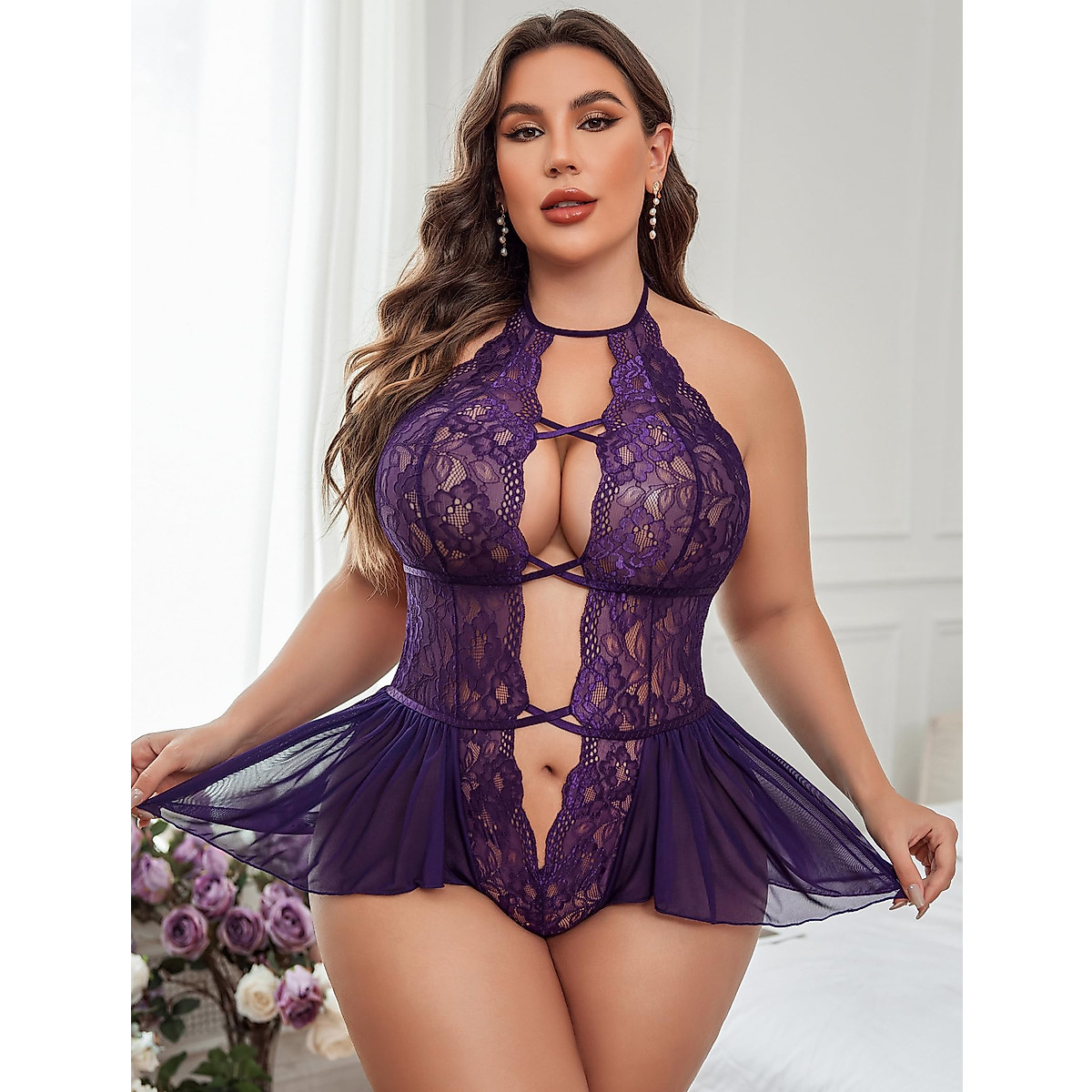 Avidlove Womens Plus Size Lingerie Lace Bodysuit Teddy Deep V One Piece Lace Babydoll Purple