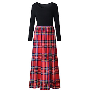 MEROKEETY Women's Plaid Long Sleeve Empire Waist Full Length Maxi Dress, Red#1, Large