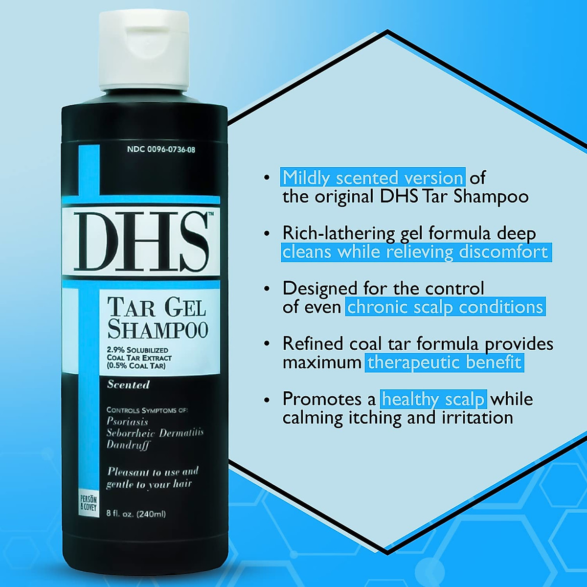 DHS Person & Covey T Gel Shampoo - Anti Dandruff Shampoo, Mildly Scented Psoriasis Shampoo - 8 Fl. Oz. - Refined Coal Tar Gel Formula, Scalp Psoriasis Shampoo, Deep Cleansing Rich Lather