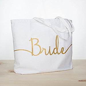 ELEGANTPARK Bridal Shower Gifts for Bride Bag Bride Gifts Wedding Gift for Bride Tote Bag Jumbo Shoulder Bag with Pocket Gold Glitter White 100% Cotton