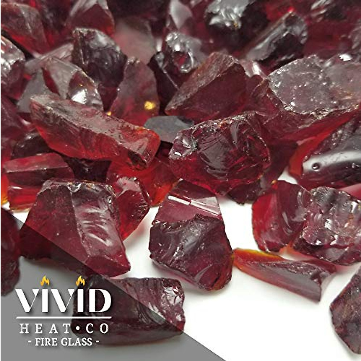 VIVID Heat (5-POUNDS Ruby Red Premium Indoor & Outdoor Crushed Fire Glass Rock Large 1/2, 3/4 & 1" inch Chunky Size - Glass for Use in Gas Fire Pit, Fireplace, Fire Table Etc. (Ruby Red)