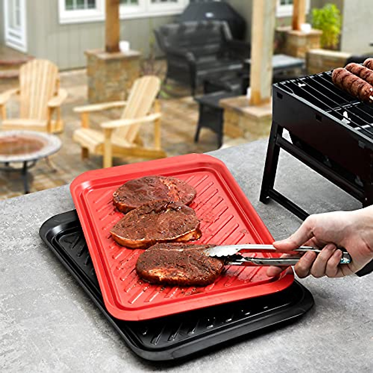 TP Serving Trays with Handles, Melamine Grill Prep and Serving Platters for Outdoor, Parties and BBQ, Set of 2, Black and Red