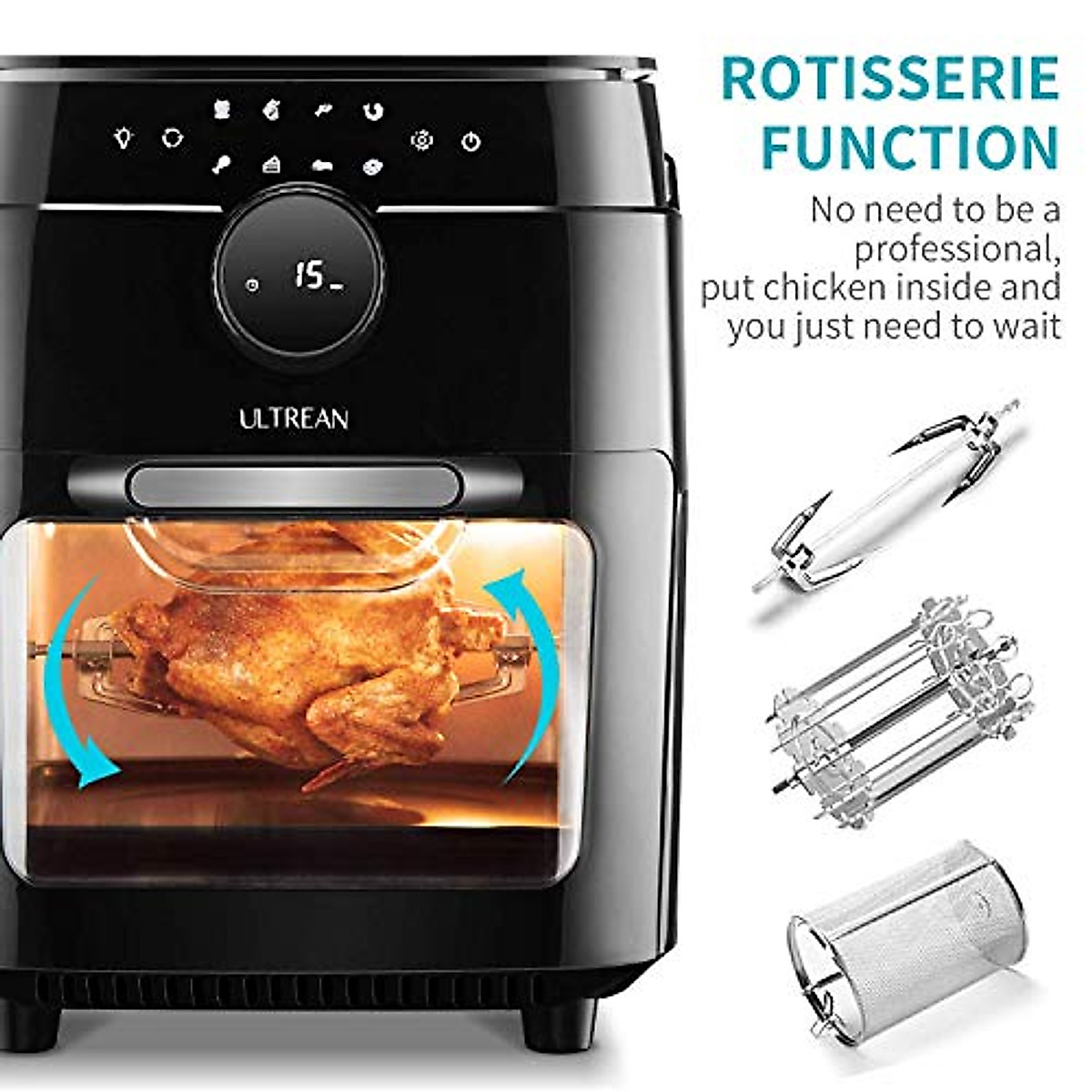 Ultrean Air Fryer oven, 12.5 Quart Airfryer Toaster Oven with Rotisserie,Bake,Dehydrator,Auto Shutoff and 8 Touch Screen Preset, 8 Accessories & 50 Recipes
