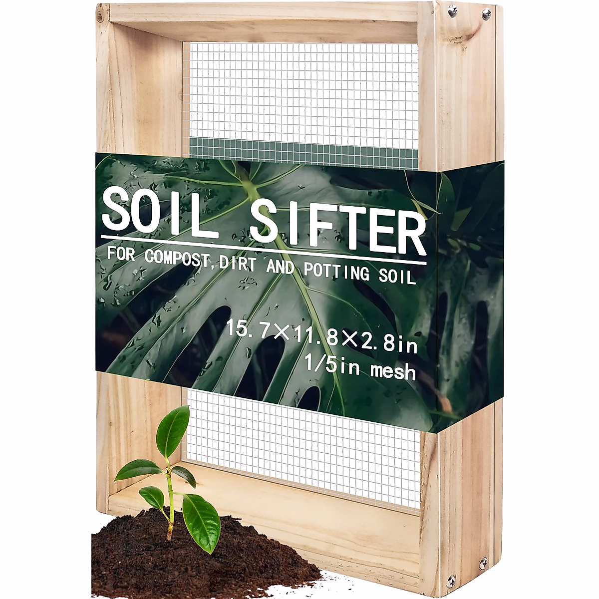 Soil Sifter,Dirt Sifter for Gardening Rock Sifter for Rocks Compost Sifter Wooden Sifting Screen,Garden Sieve for Pellet/Gravel/Soil/Leaves,Garden Tool 15.7" x11.8”x2.8” with 1/5” Mesh…